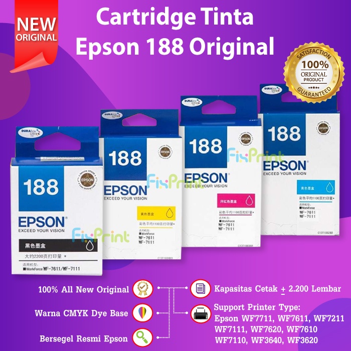 Epson 188 T188 Cartridge Tinta Printer WF-7711 WF-7611 WF-7211 WF-7111 ...