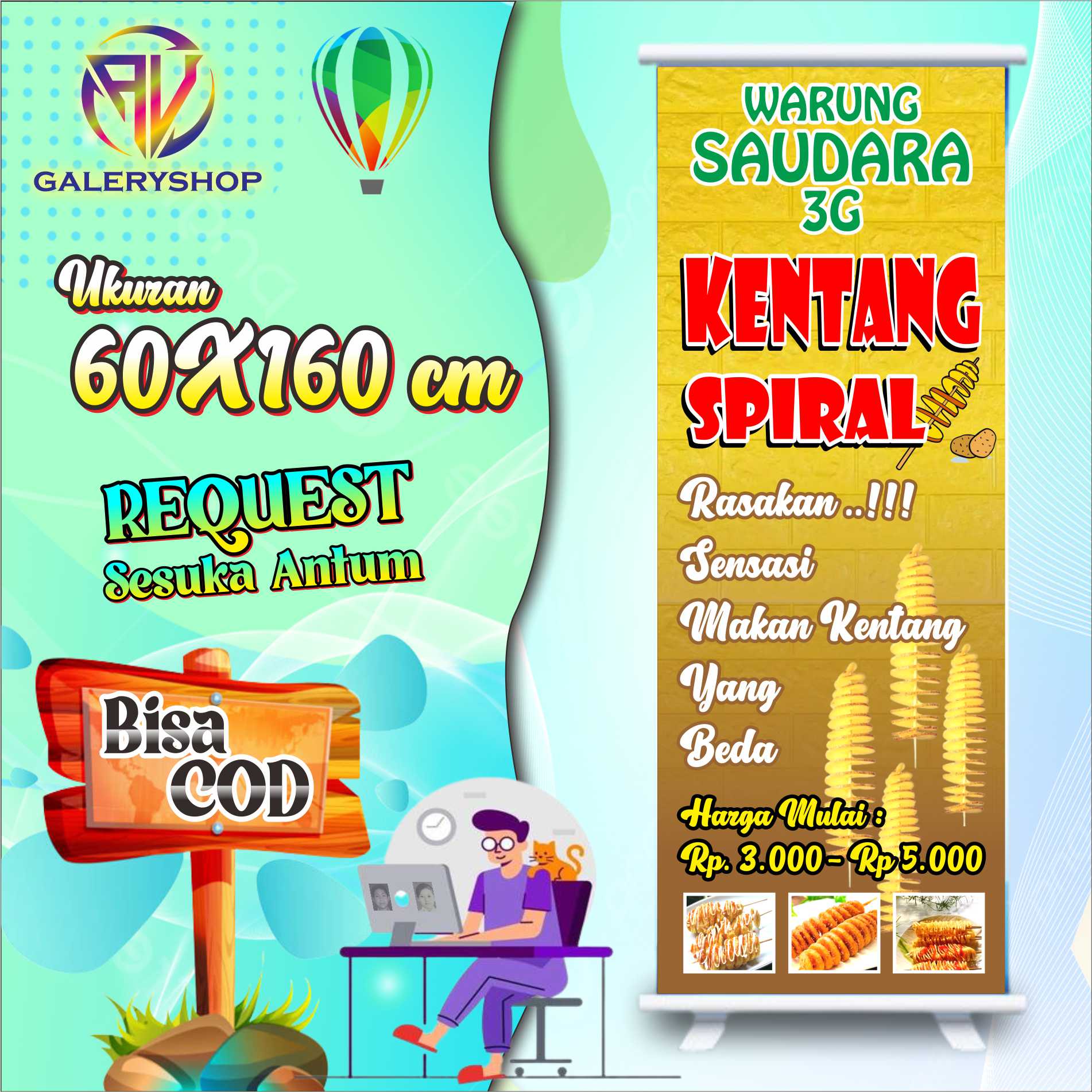 cetak spanduk banner jualan kentang spiral dll. ukuran 60x160 cm ...