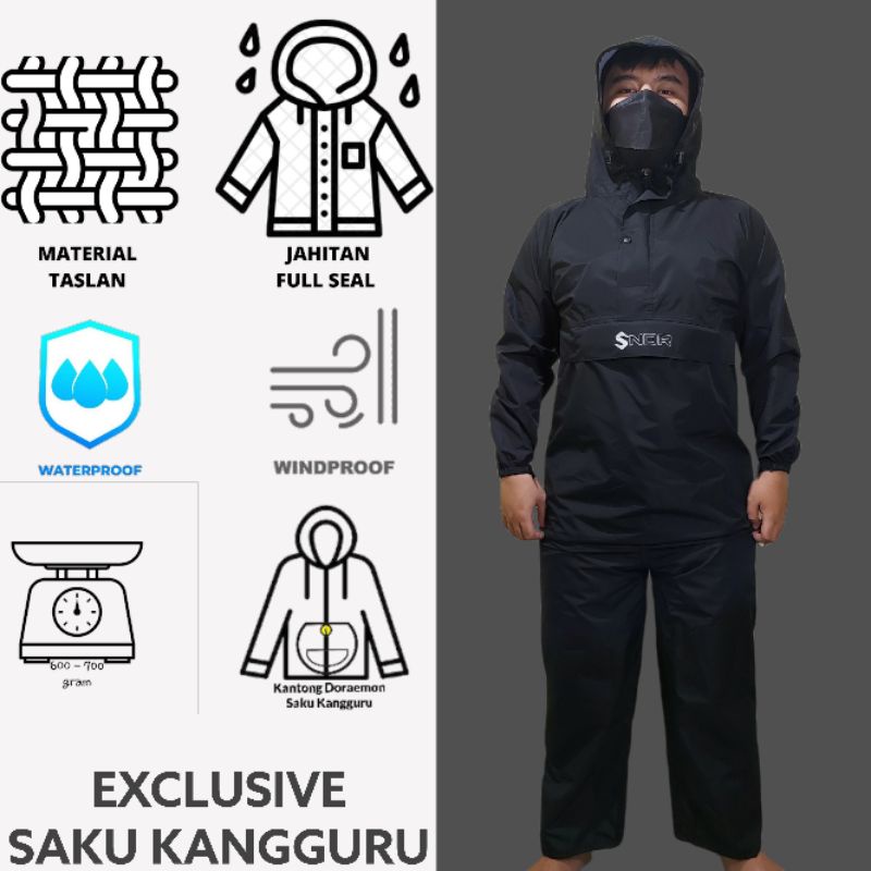 Jas hujan Saku Kangguru SNDR Hitam Jumbo XXL Bahan Taslan Tebal ...