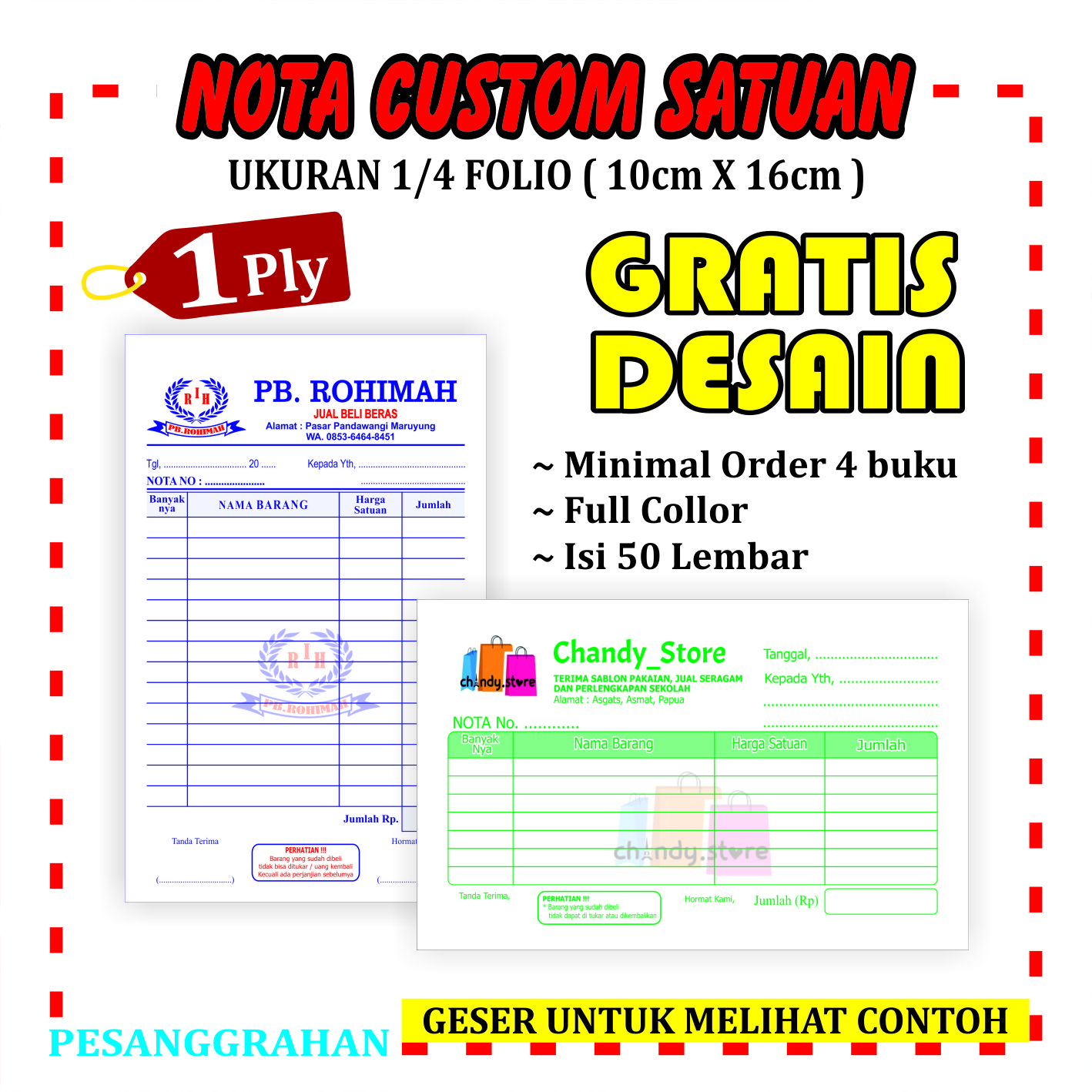 Cetak nota custom 1 ply ukuran 1/4 Folio Nota laundry Nota Toko nota ...