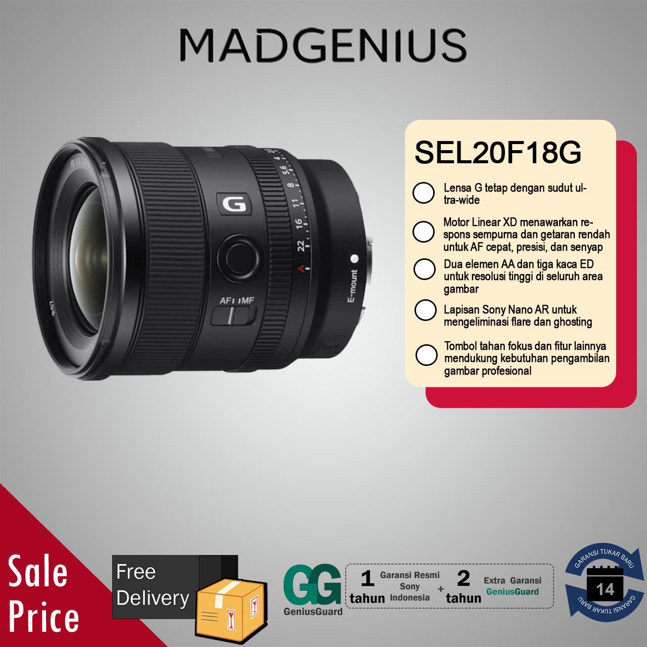 SONY FE 20mm F1.8 G / Lensa Sony G Fix 20mm / Lensa wide / Lensa G ...