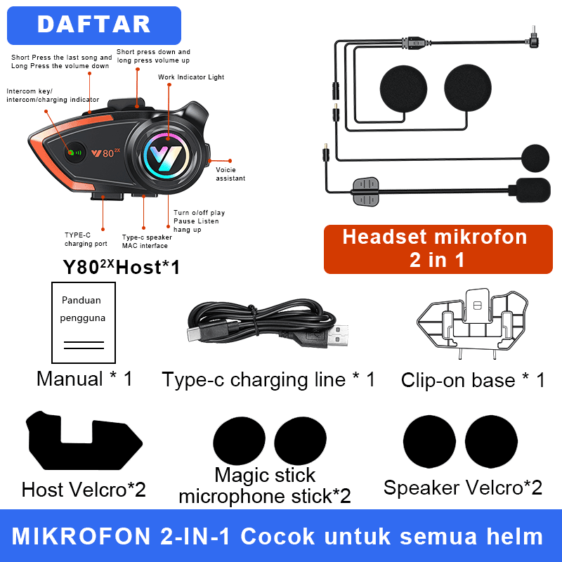ZACRO Y80 2X Intercom helm Bluetooth Chip Qualcomm 5.0 FM Radio ...