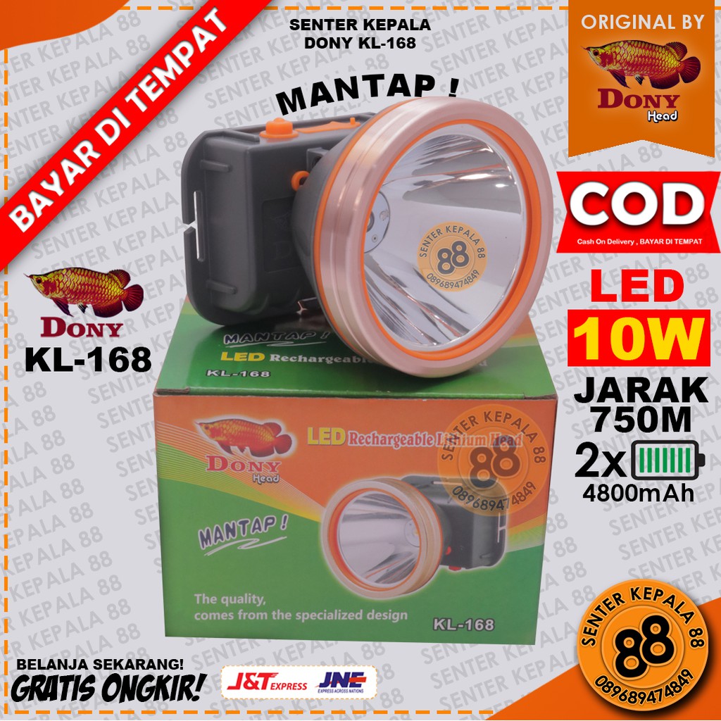 Senter Kepala DONY LED 10W 10 watt KL-168 KL168 KL 168 MANTAP ! Cas Ulang Super Terang Jarak ...