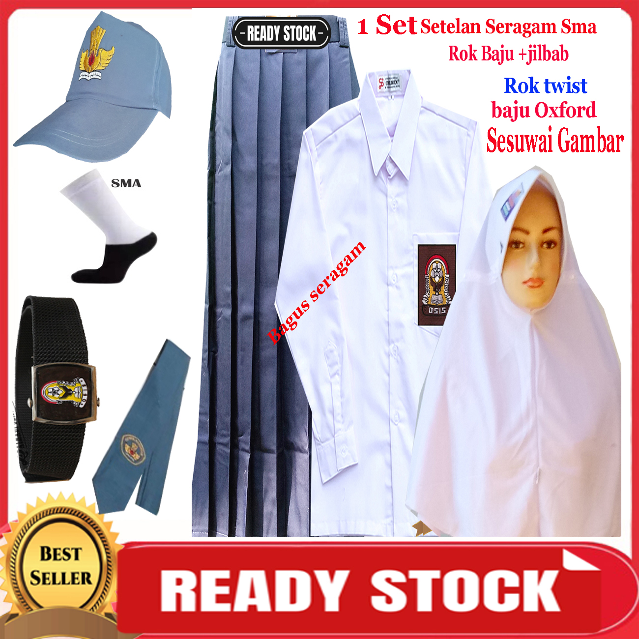 Set Lengkap Seragam Sekolah SMA Putih Abu Abu Perempuan Rok Rempel ...