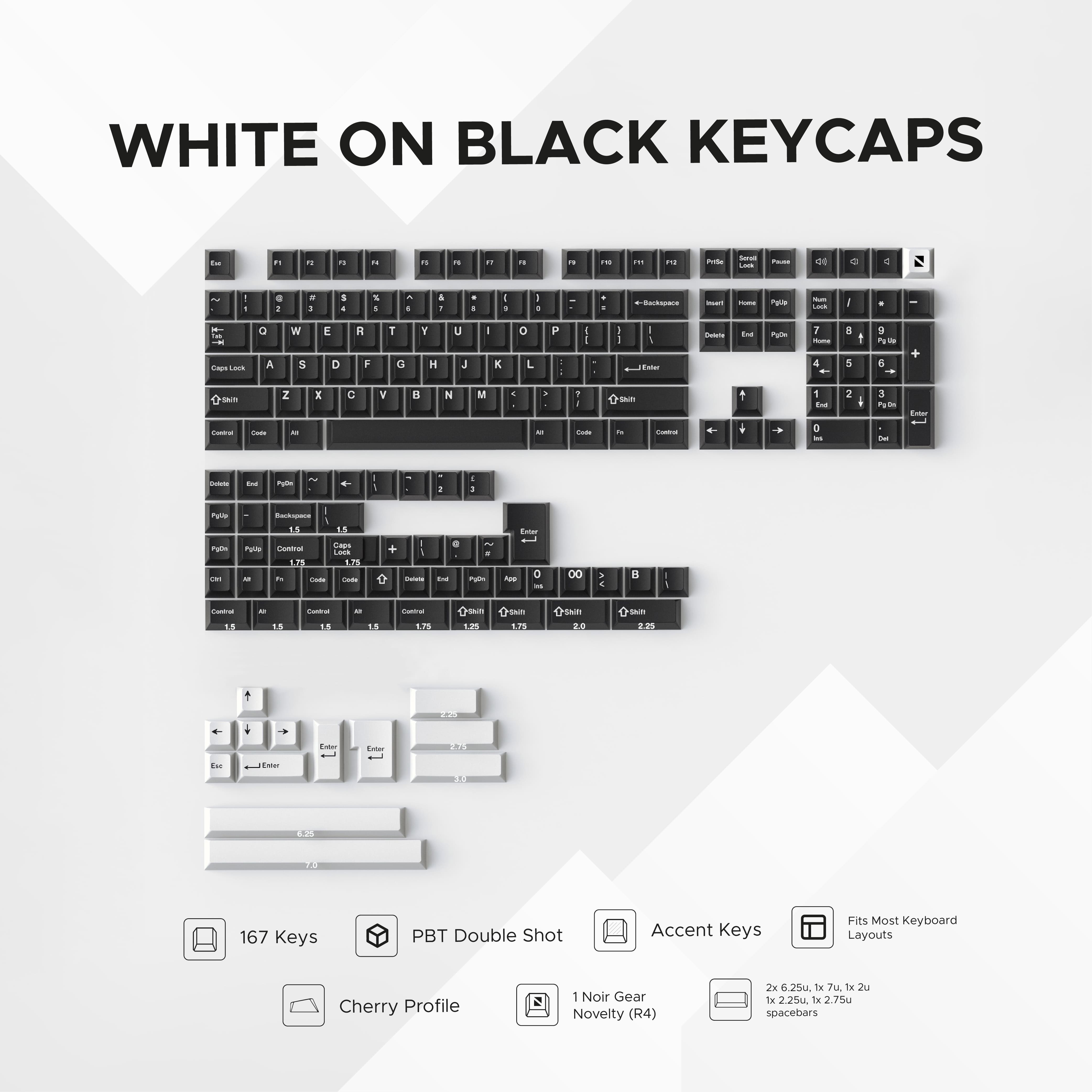 Noir White on Black Keycaps - PBT Doubleshot Cherry Profile Keycap Set ...