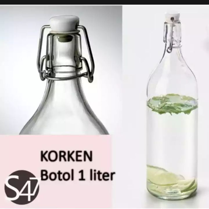 IKEA KORKEN Botol 1 Liter 1000ml Botol Kaca Bening Dengan Penutup Botol ...