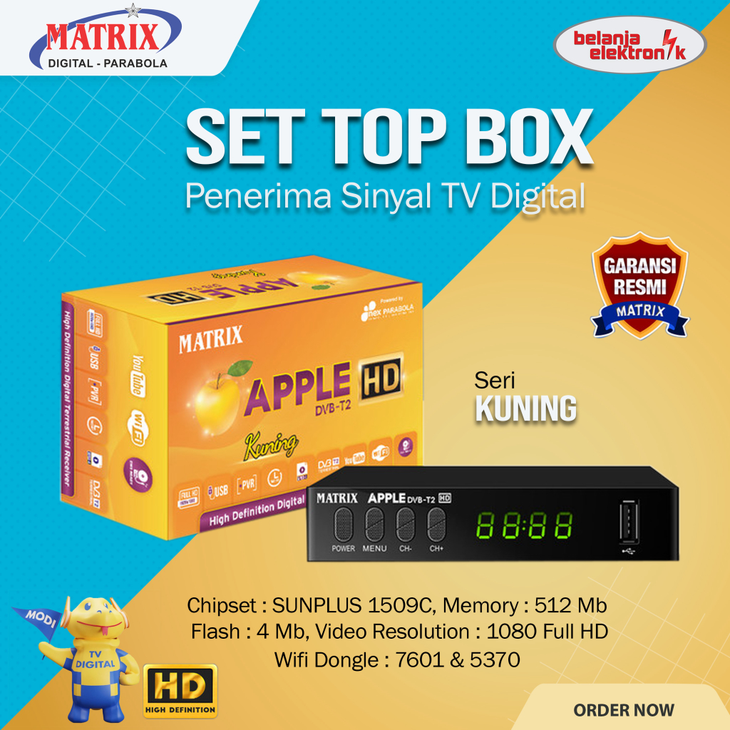 SET TOP BOX MATRIX HD DVB-T2 APPLE KUNING RECEIVER PENERIMA SINYAL TV ...