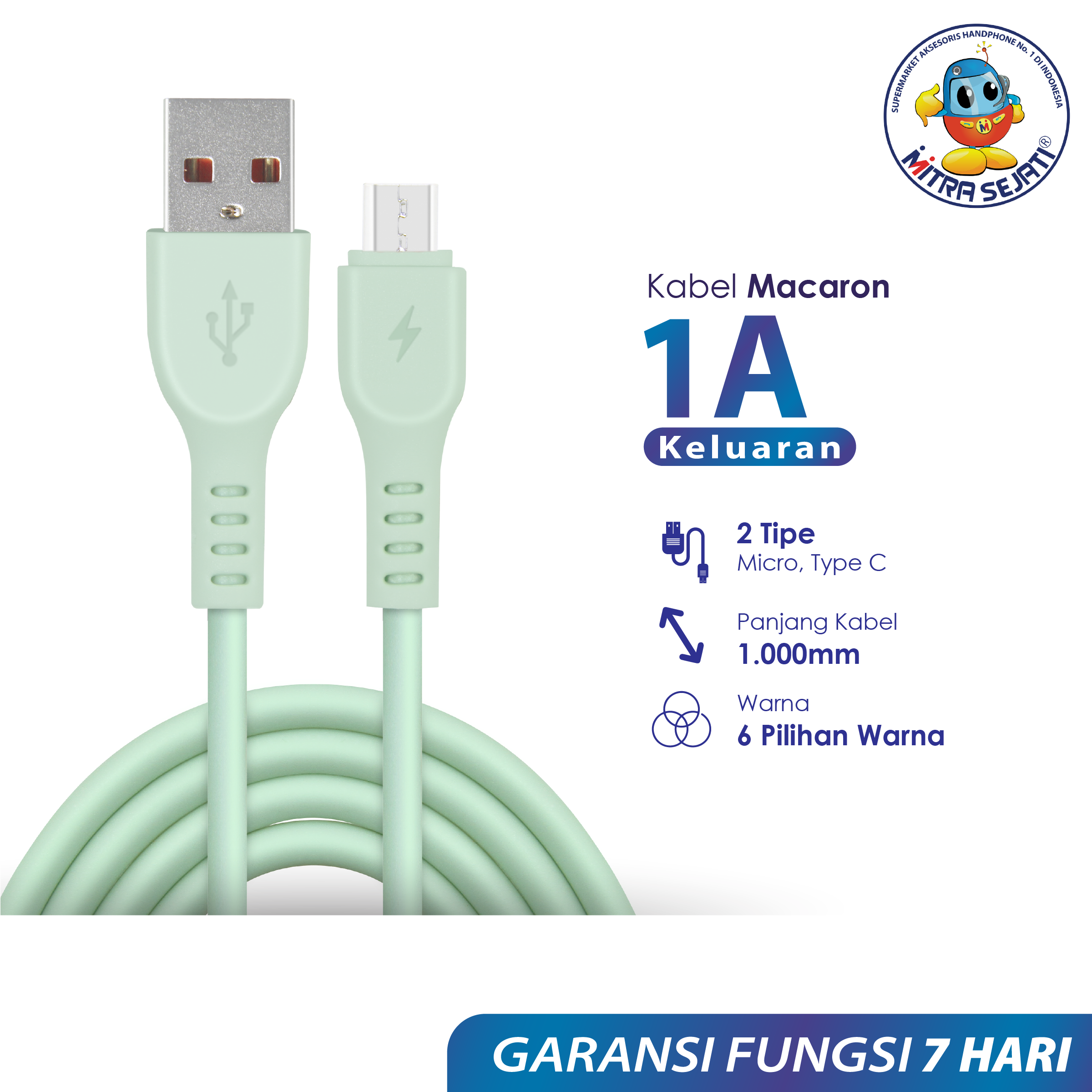 Kabel Charger Macaron Bulat 1A untuk tipe kabel Micro USB dan Type-C ...