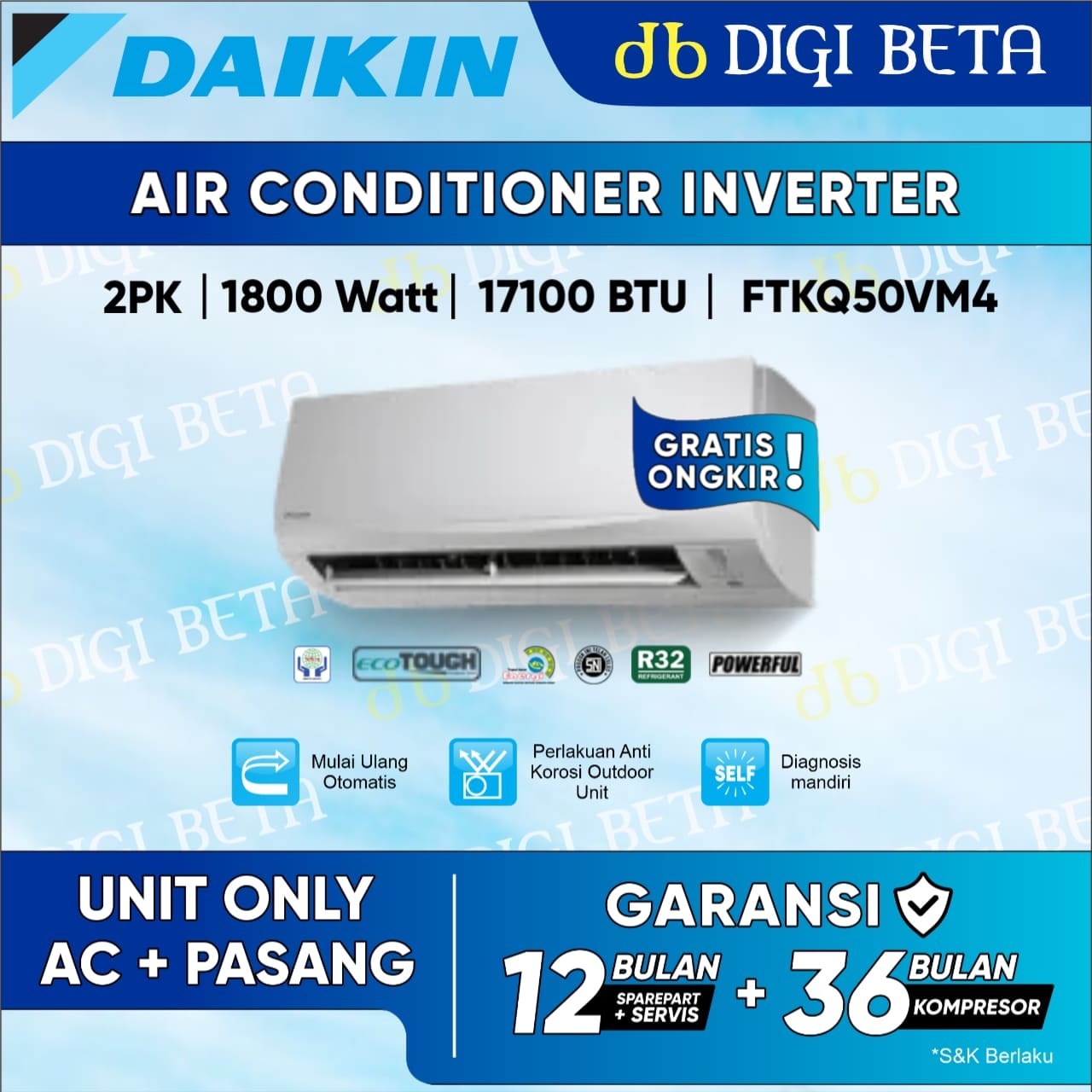 AC Daikin 2 PK Inverter FTKQ50UVM4 Air Conditioner Split 1800 Watt Pendingin Ruangan R32 ...