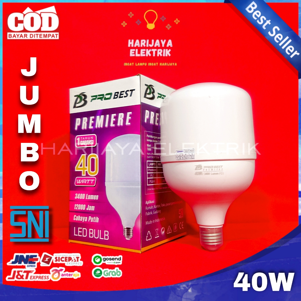 PROBEST LAMPU BOHLAM LED 40 WATT TABUNG JUMBO BESAR BULB E27 SNI PUTIH ...
