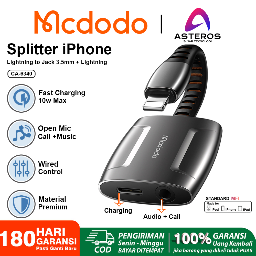 MCDODO Splitter For iPhone 2in 1 Lightning To Jack 3.5mm Charging Audio ...