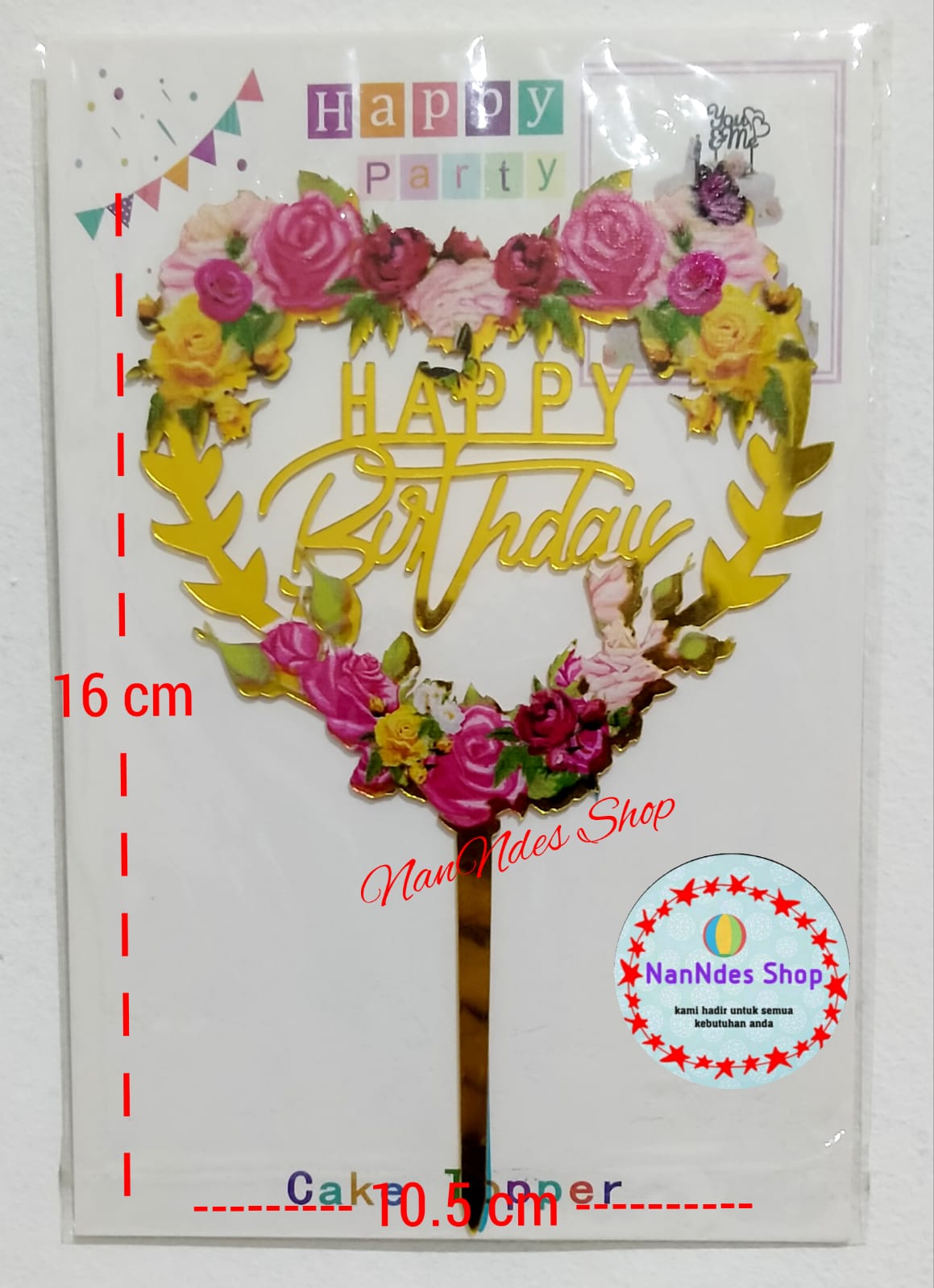 Topper Bunga Happy Birthday kembang Akrilik Gold emas Bulat Love Flower ...