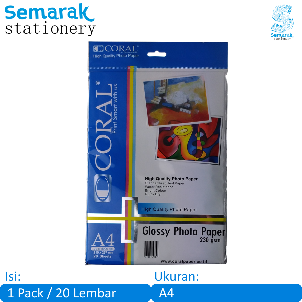 Coral Glossy Photo Paper Kertas Foto A4 230 gsm [1 Pack / 20 Lembar ...
