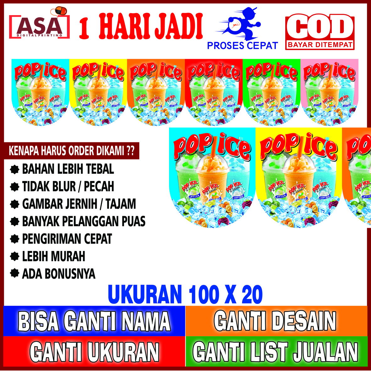 SPANDUK POP ICE , BANNER POP ICE, RENDA POP ICE UKURAN 150 X 30 ...