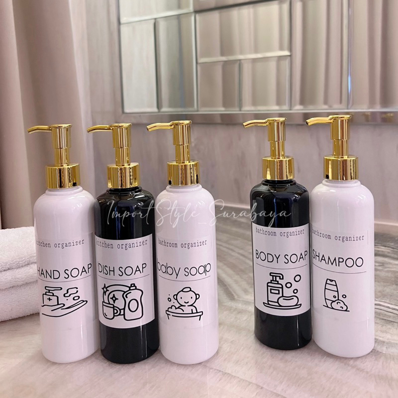 botol sabun aesthetic HITAM PUTIH GLOSSY 250ML STIKER KOTAK GAMBAR PUMP ...
