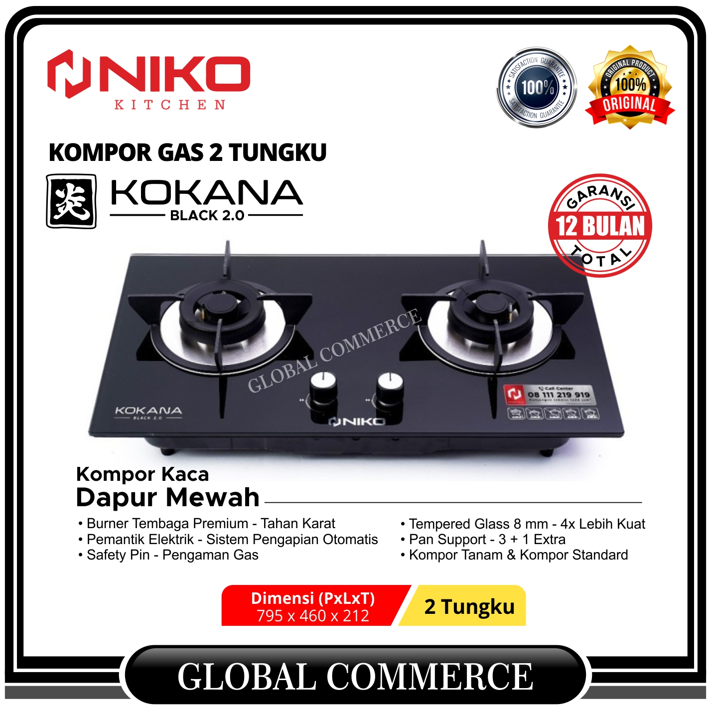 Niko Kompor Gas KOKANA BLACK Tampered Glass Kompor Tanam Atau Meja ...