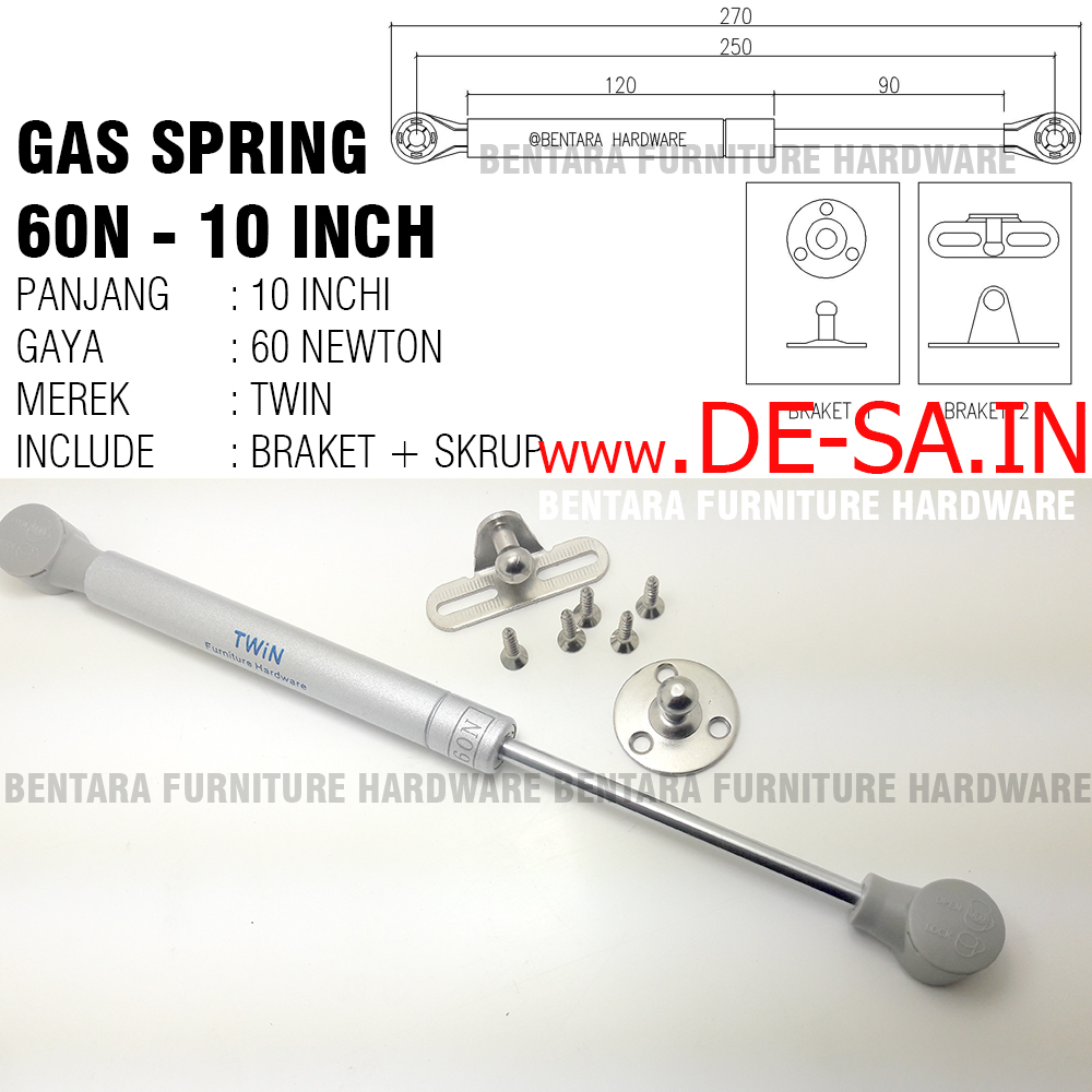 60N TWIN GAS SPRING 10 INCHI X 60 NEWTON - Hidrolik Jok Motor Kabinet ...