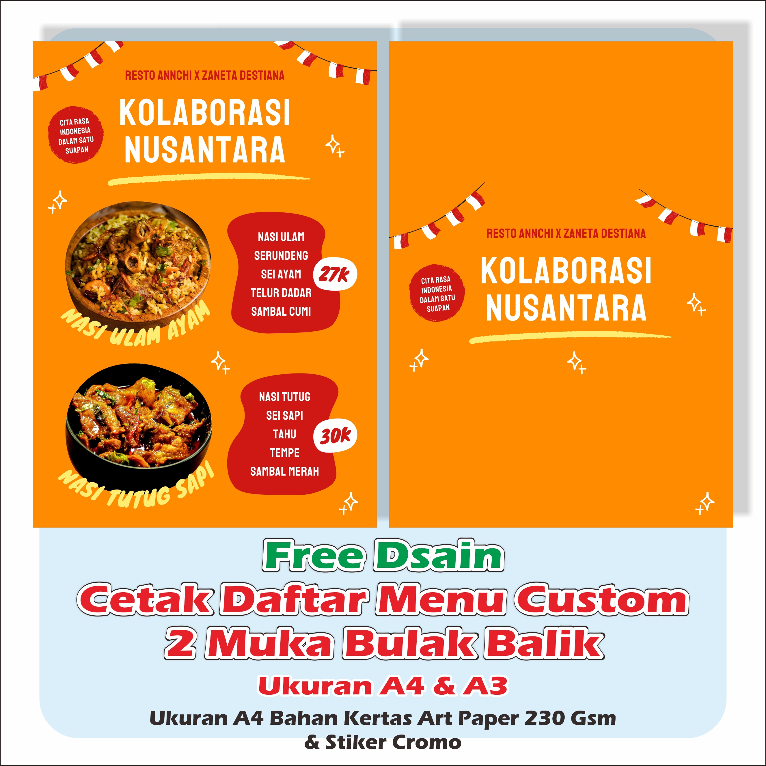 cetak daftar menu 2 Muka Ukuran A4 A3 daftar menu makanan minuman ...