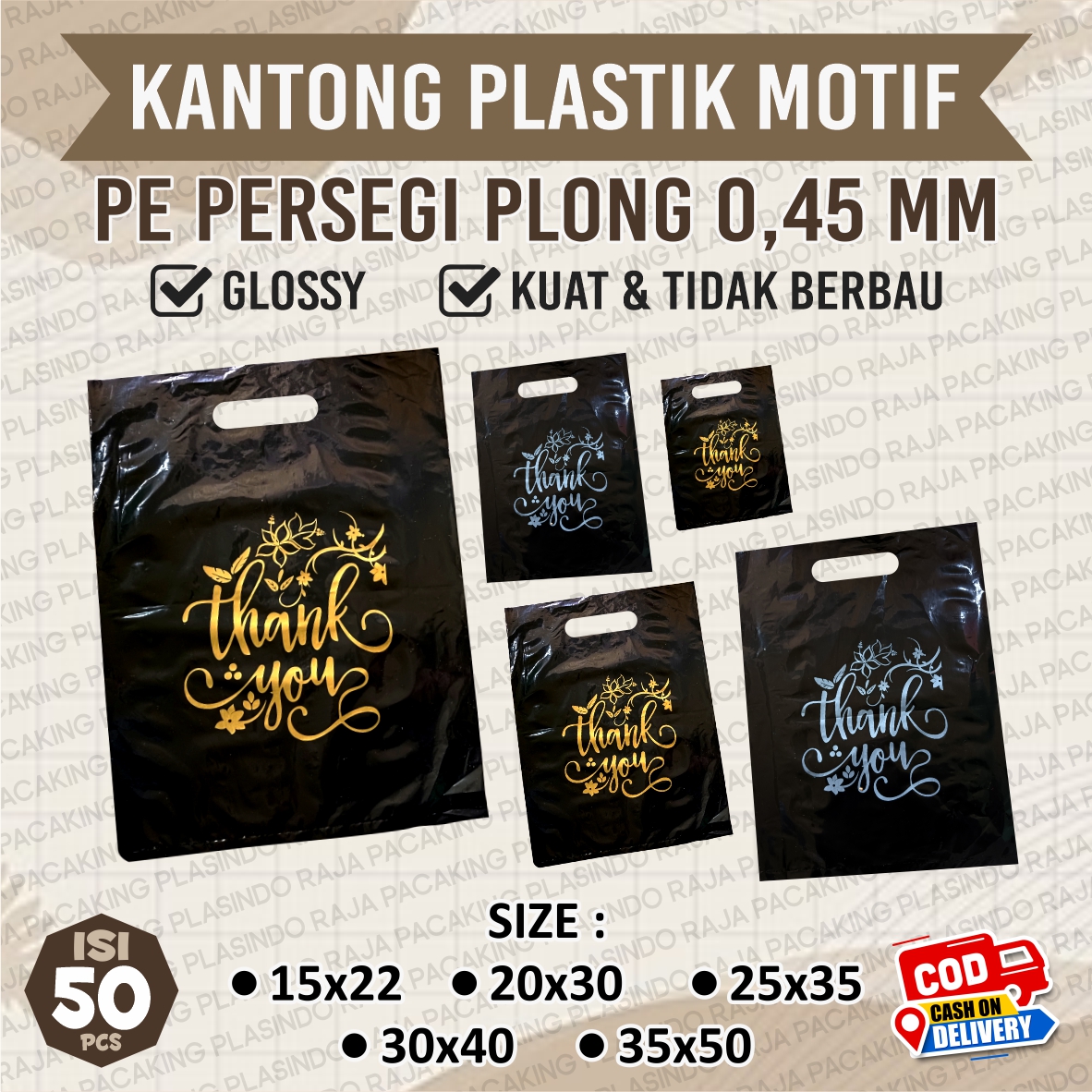 (isi 50pcs) Plastik Packing Uk 30X40 PE PLONG 0,45 Glossy Motif Thank ...