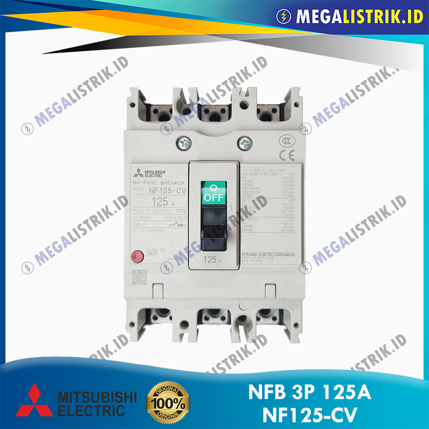 MITSUBISHI NFB 3P 125A NF125-CV / MCCB / NO FUSE BREAKER CIRCUIT LISTRIK NF125CV 3 PHASE 125 ...