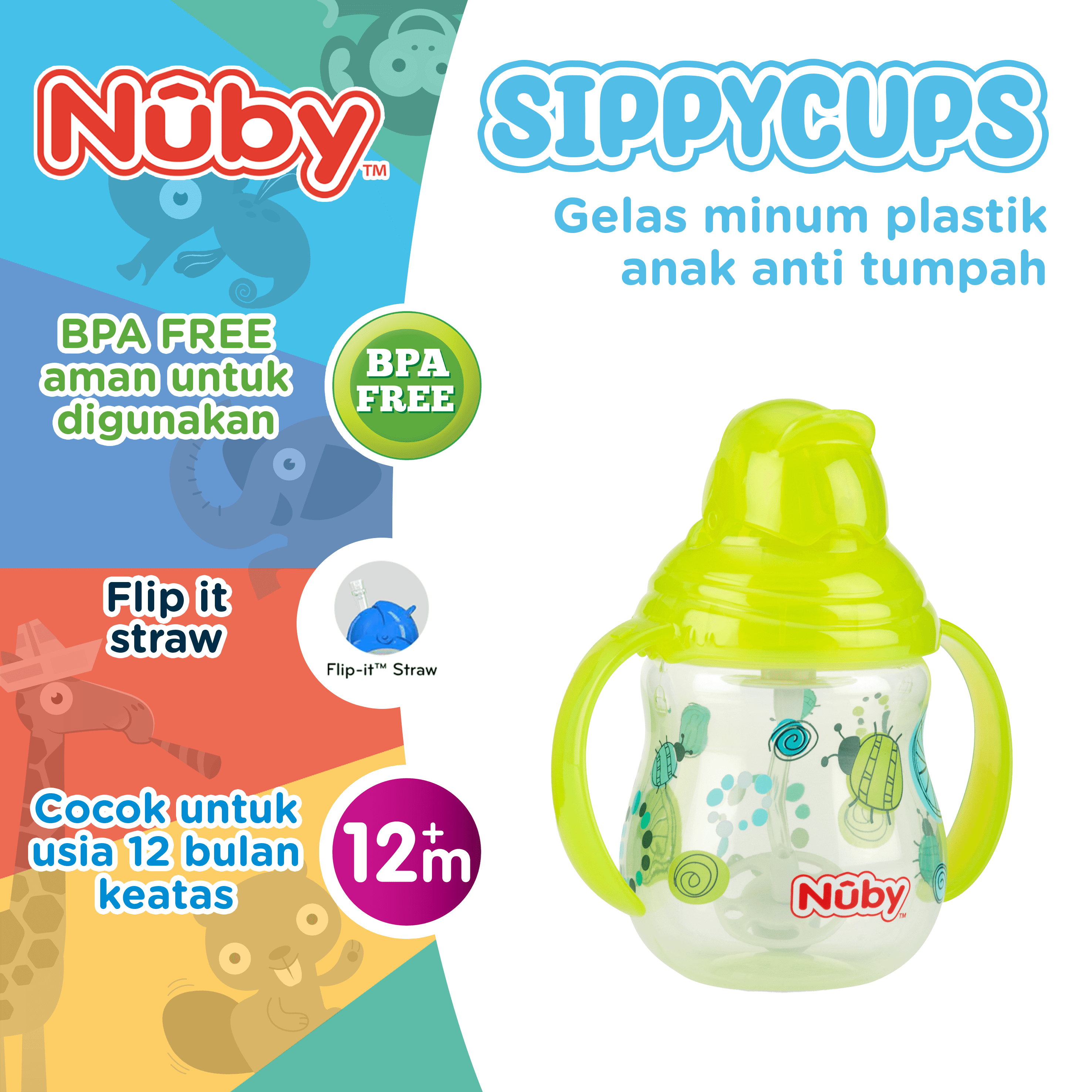 Nuby Kids Flip N' Sip Twin Handle Cup -Botol Minum Anak (Green) | Lazada Indonesia