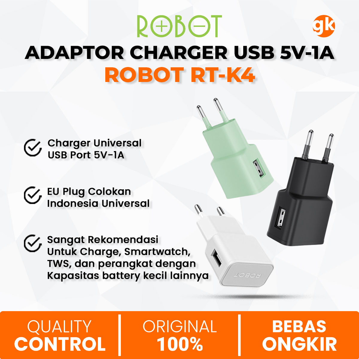 ROBOT RT-K45 Adaptor Charger Kepala Charging 5V 1A Cocok untuk TWS ...