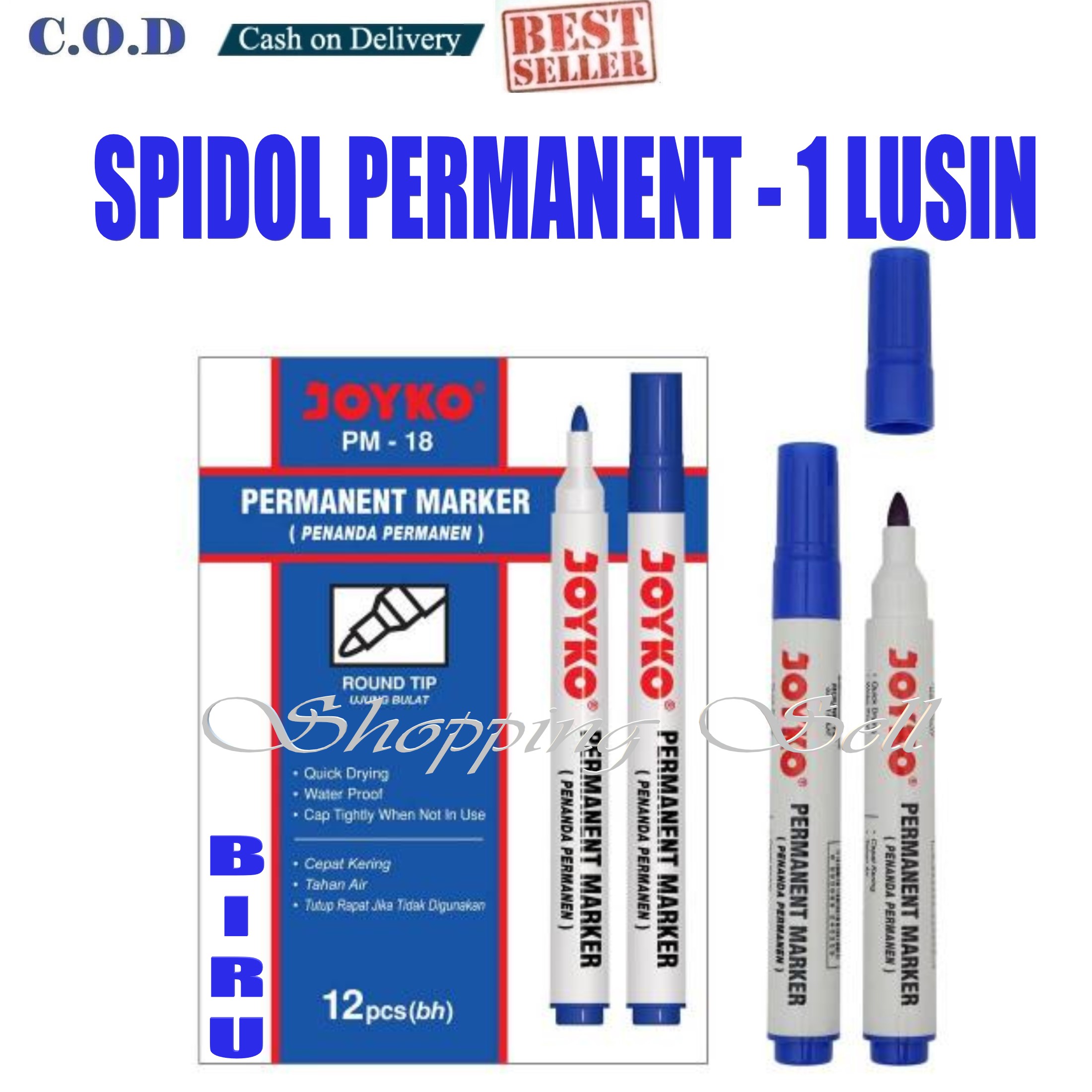 (1 BOX - 12 PCS BIRU) Spidol Permanent Joyko Biru - White Board Marker ...