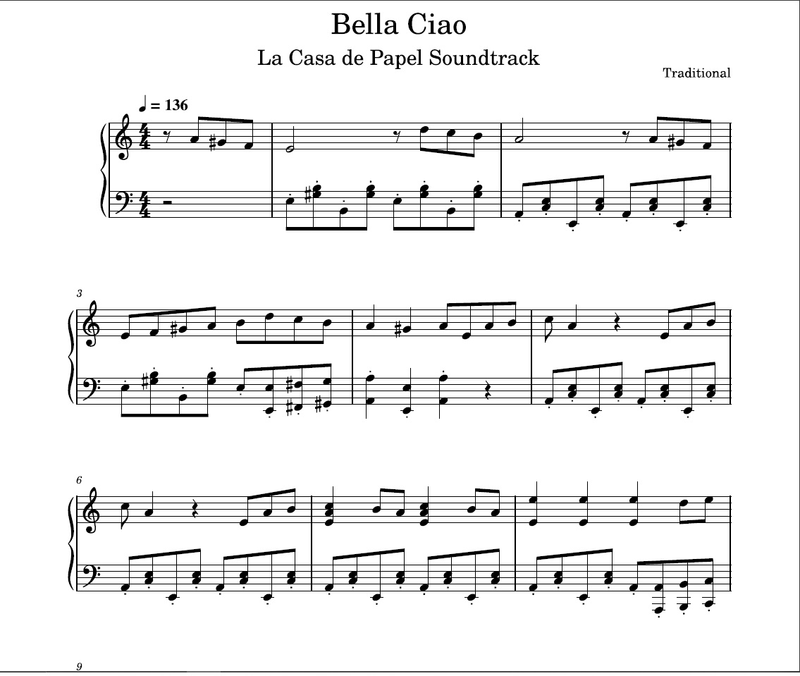 Kertas Latihan Partitur musik Not Balok Judul Bella Ciao dengan ...