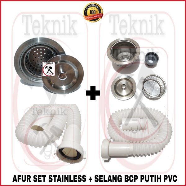 PROMO PAKET AFUR SET STAINLESS dan SELANG BAK CUCI PIRING PUTIH SET 1 1/2 INCH - SARINGAN SINK ...