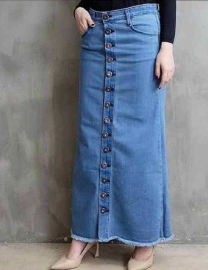 Rok Span Jeans Rok Jumbo Wanita Melar Rok Lepis Wanita Full Kancing Rok ...