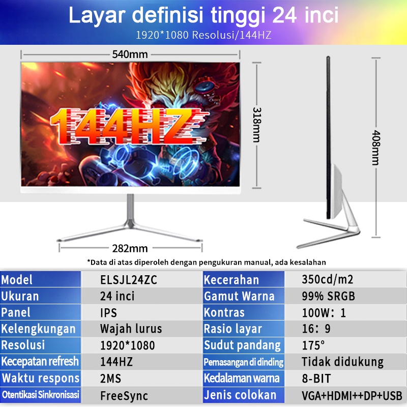 24-inci 144Hz monitor komputer LCD, desktop kantor, gaming, 1080P ...