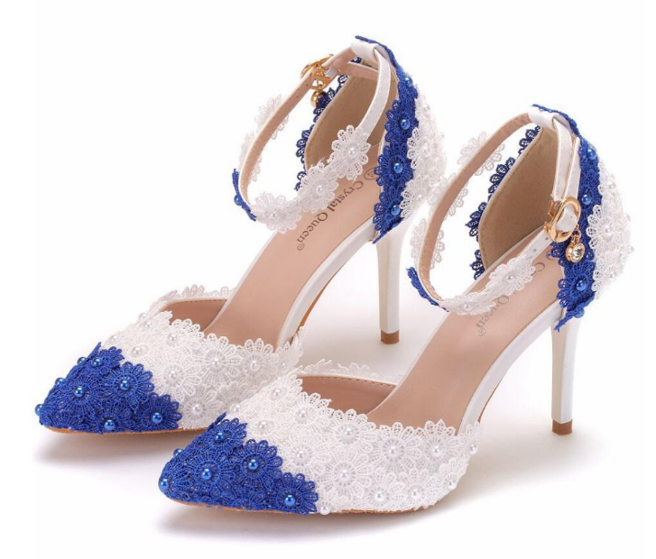 wedding high heels Wanita Sepatu Pernikahan Berenda Putih Biru Hak ...