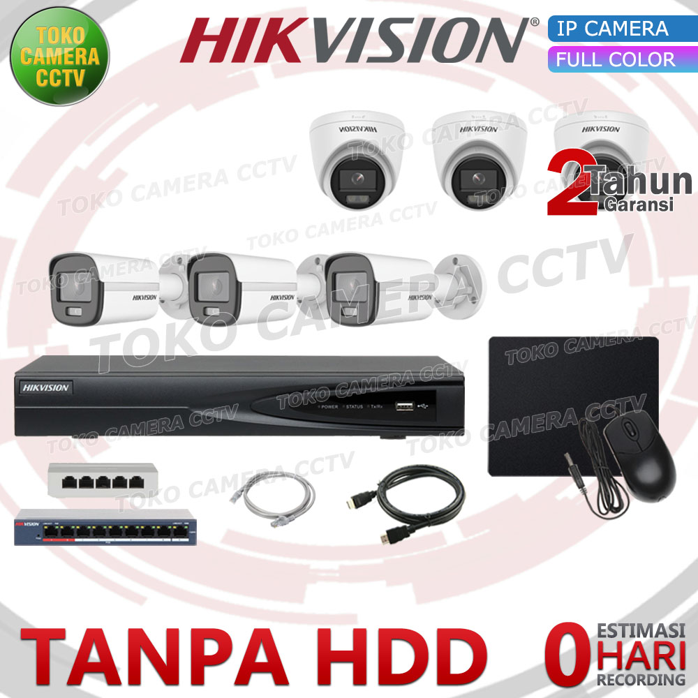 PAKET CCTV IP CAMERA HIKVISION COLORVU 2MP 8 CHANNEL 6 KAMERA | Lazada ...