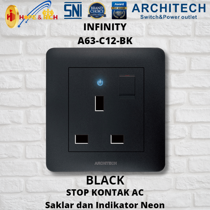 ARCHITECH INFINITY A63-C12-Stop Kontak AC 1 Gang + Neon Indicator, BLACK | Lazada Indonesia