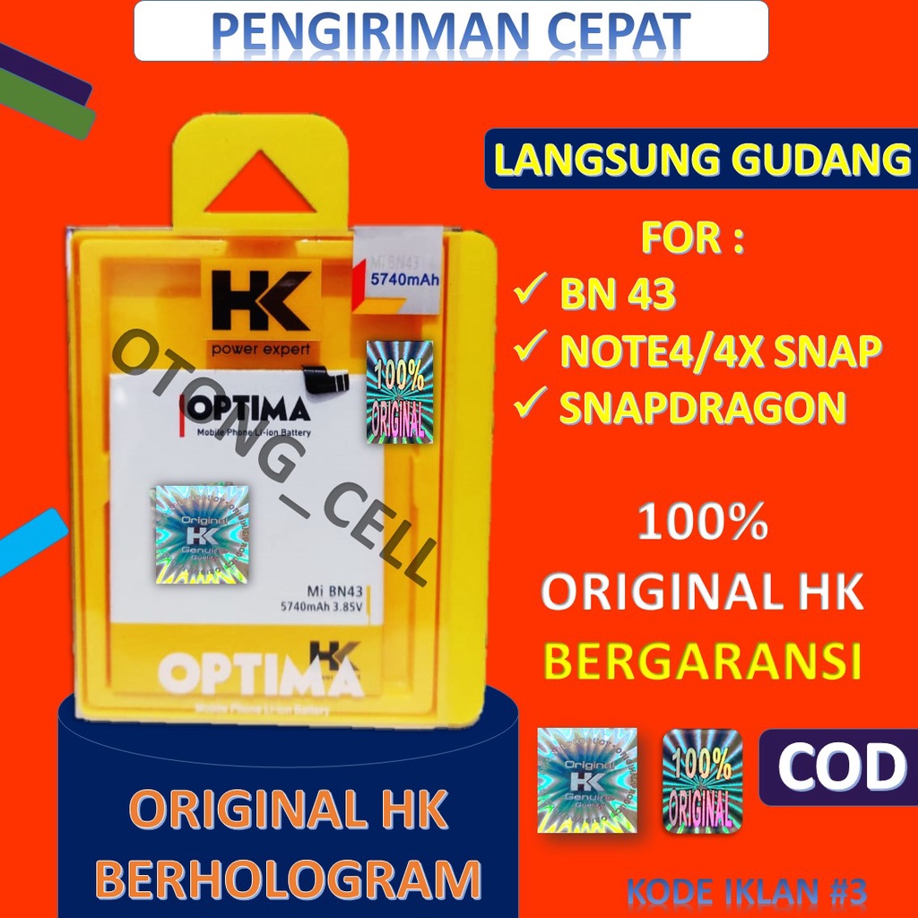 HK BN43 BATERAI XIAOMI REDMI NOTE 4 4X SNAPDRAGON BN 43 DOBEL POWER HK OPTIMA KODE IKLAN 3 ...