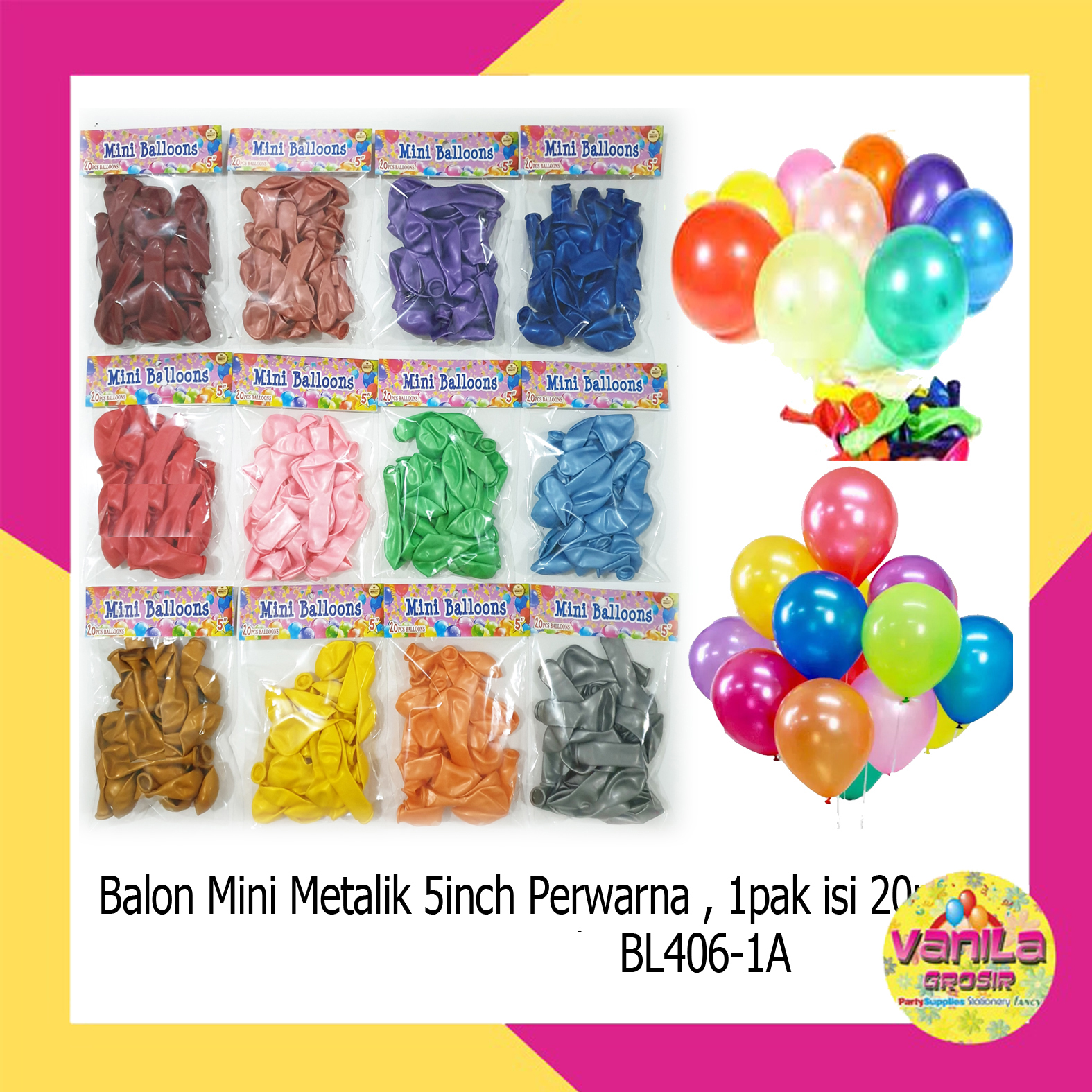 (1Pak Isi 20Pcs) Balon Latex Metalik Mini 1 Warna, balon metalik 5inch ...