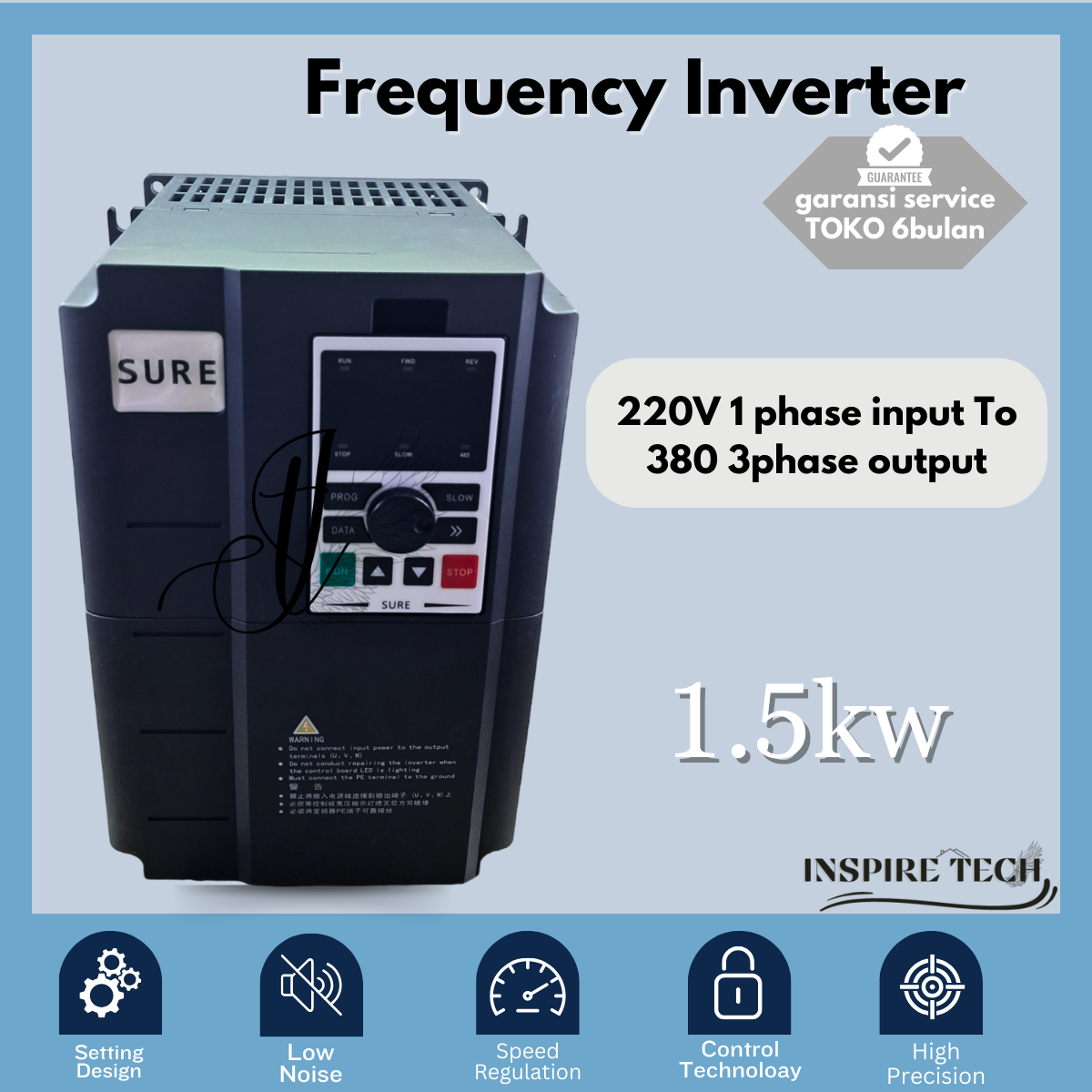 Inverter 1.5KW 1Phase input 220V To 3phase output 380V Speed Controller Variabel SURE INVERTER ...