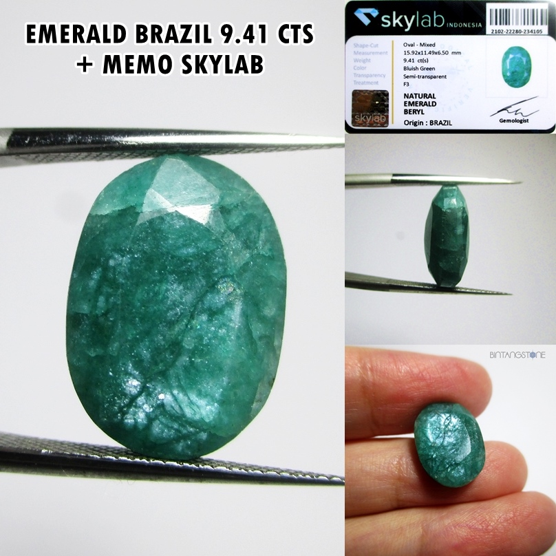 Zamrud Biru Silvery Bluish Green Emerald Brazil 9.41 Cts Asli Ori ...