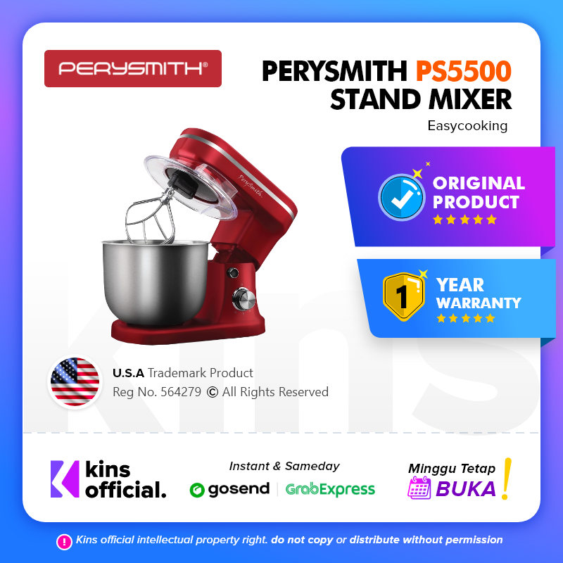 PerySmith PS5500 Stand Mixer 6 Speed Setting Mixer Berdiri 5.5L 1200W ...