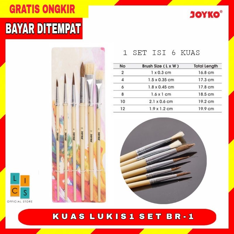 Kuas Lukis 1 Set Joyko BR-1 Isi 6 Ukuran Brush No. 2-4-6-8-10-12 Kuas ...