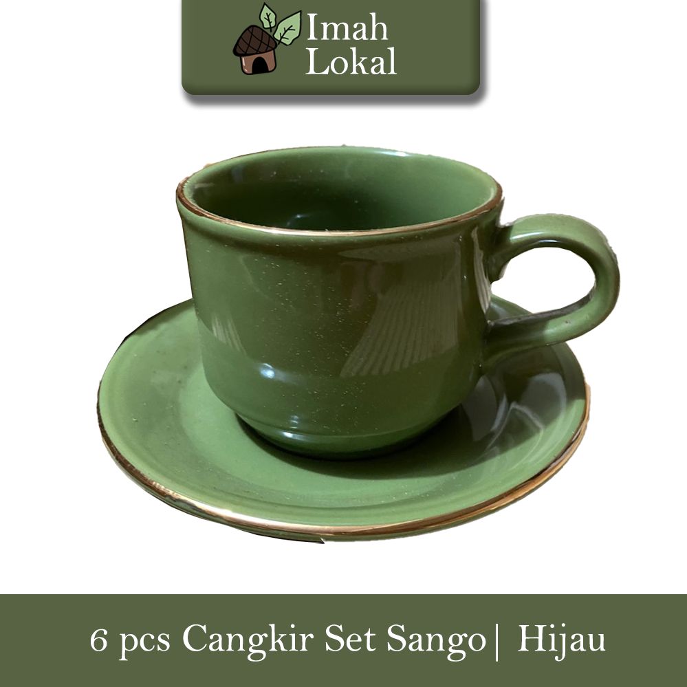 6 Set Cangkir Keramik Sango dan Tatakan - Hijau list Gold | Lazada ...