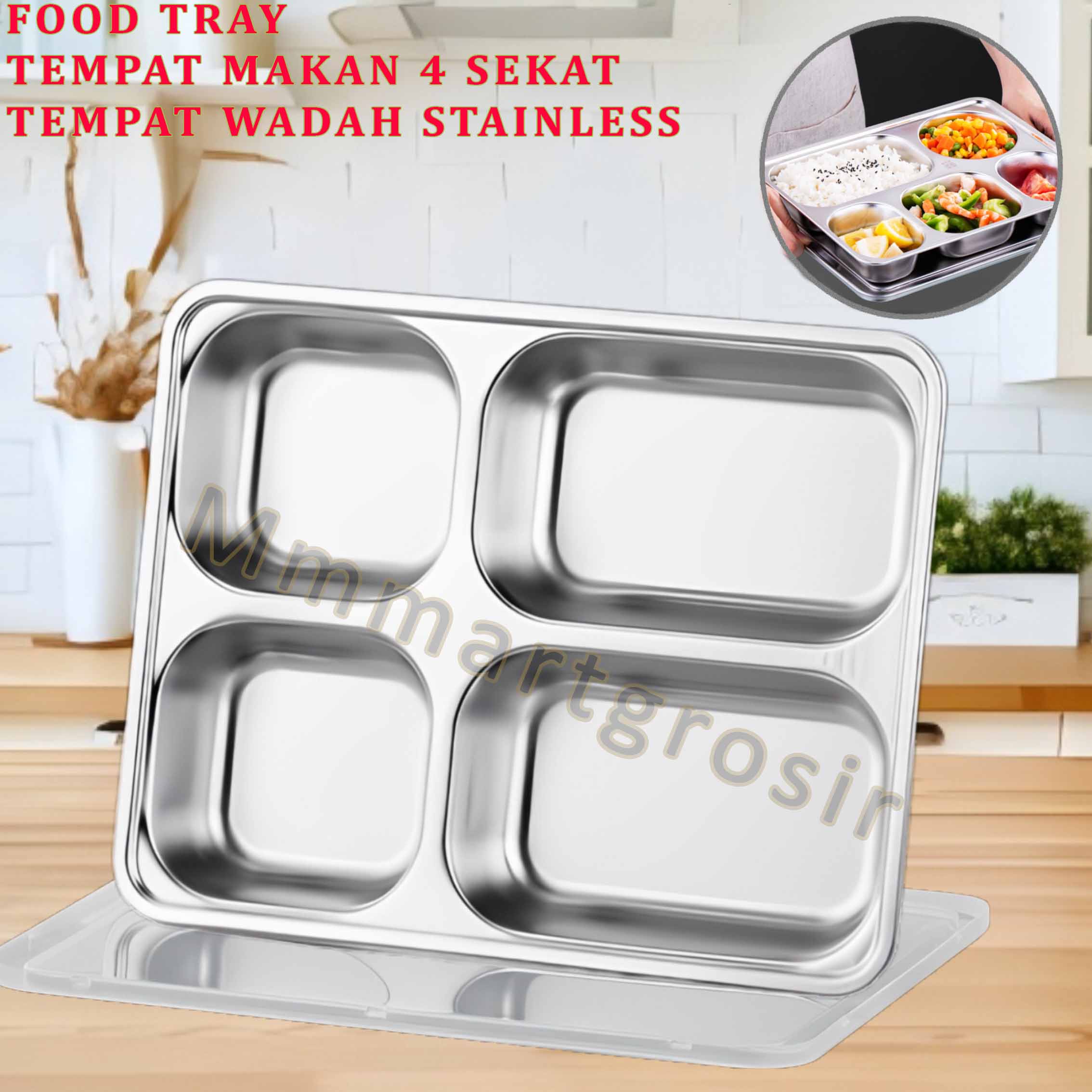 Food Tray / Tempat Makan Stainless Tutup Plastik / Tempat Makan 4 Sekat ...
