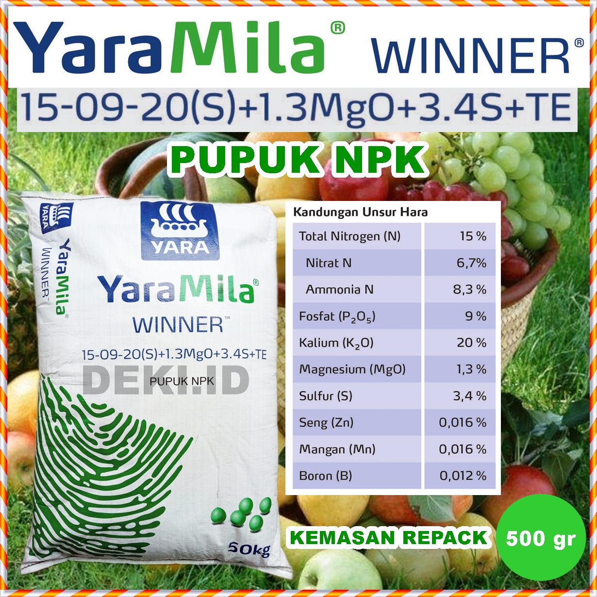 YaraMila Winner 500 gr Repack Pupuk NPK 15 09 20 S Yara Winer Plus ...