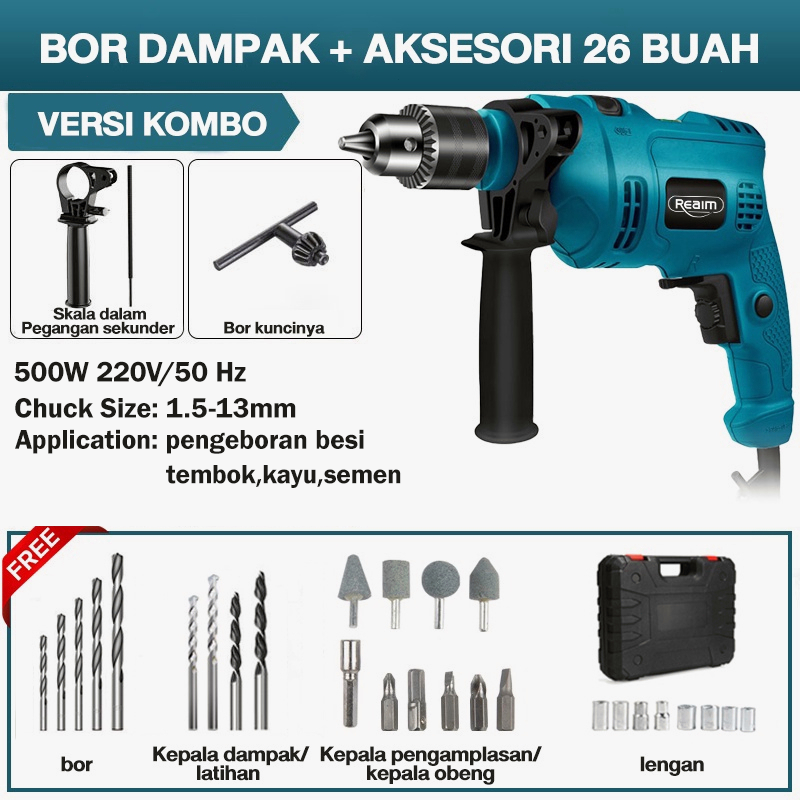 REAIM 13mm Mesin Bor Listrik Set Impact Drill Koper Set 500W Electric ...