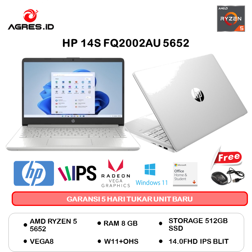 LAPTOP HP 14 FQ2002AU RYZEN 5 5652U RAM 8GB 512SSD W11+OHS 14.0FHD IPS SLV | Lazada Indonesia