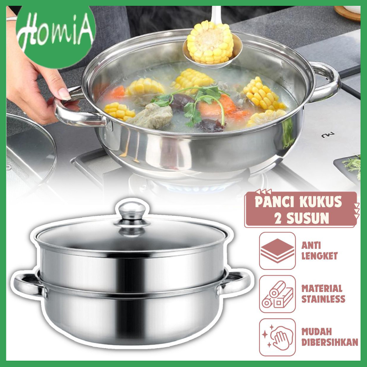 Panci Steamer 2 Tingkat Susun / Double Stainless Steel Steaming Pan 2 ...