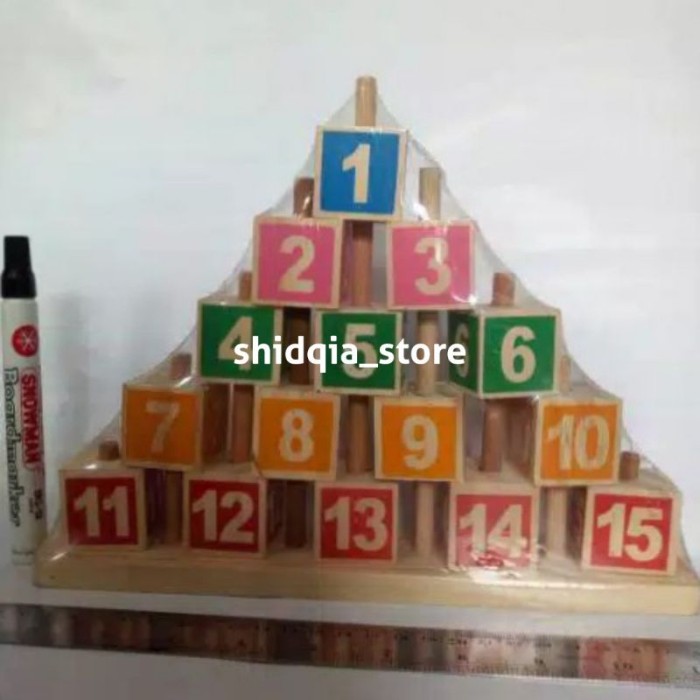 Mainan Kayu Edukasi Menara Balok Susun Piramid hijaiyah, angka dan ...