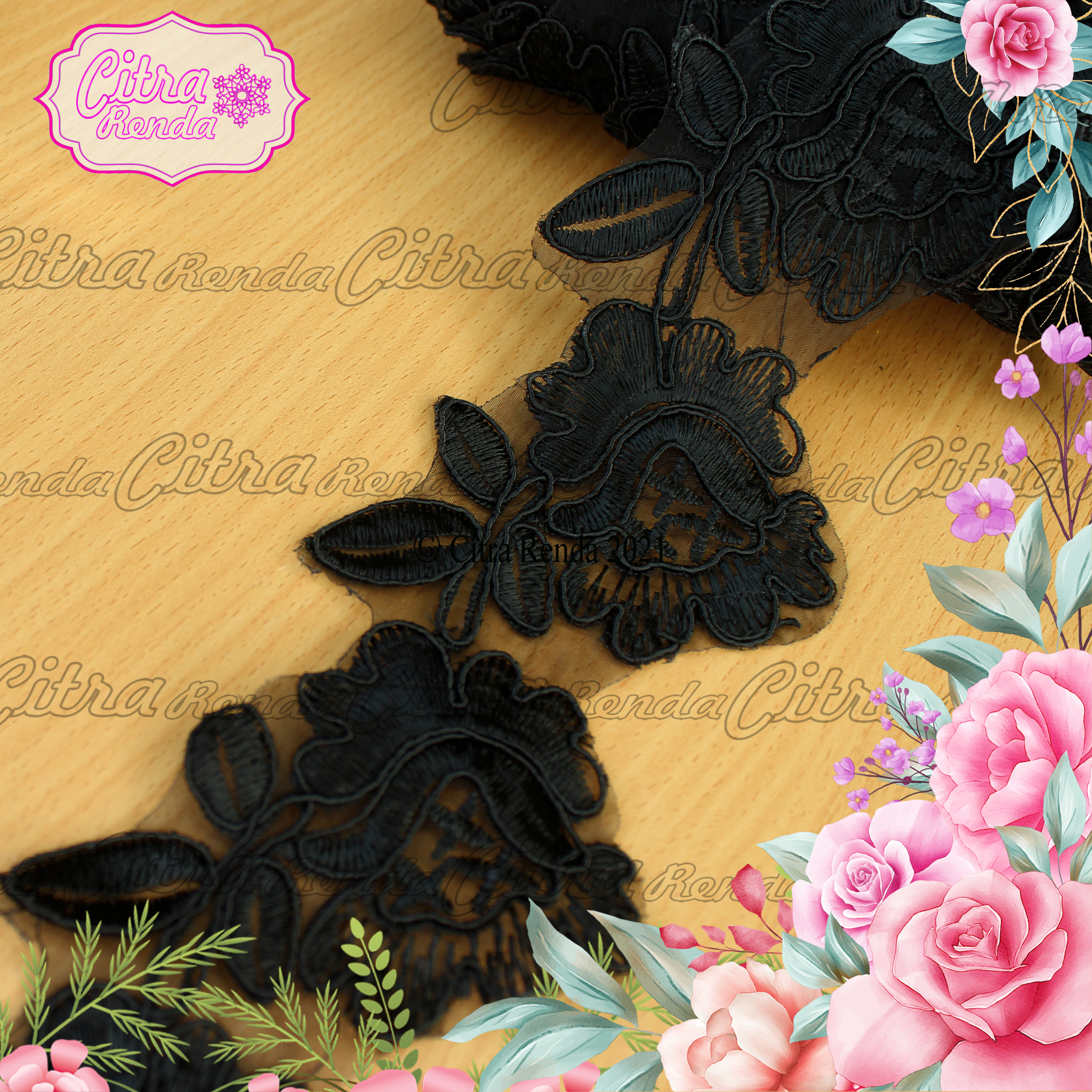 (Per Meter) RDT293 Renda Bordir Tile Hitam Benang Kawat Lebar 7,5Cm ...