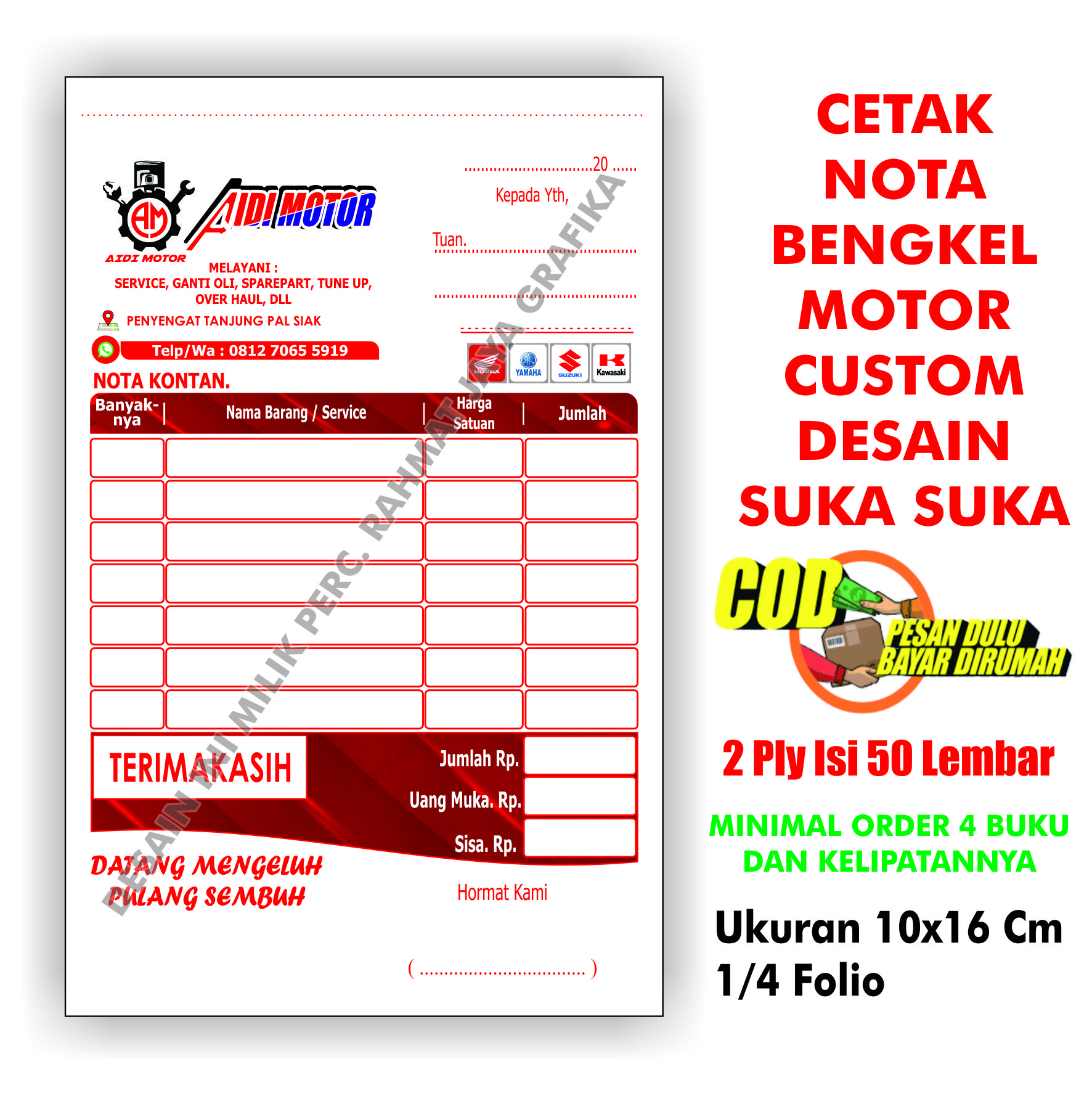 Cetak Nota Bengkel custom 2ply Isi 50 Lembar /Nota Olshoop Nama Sendiri ...