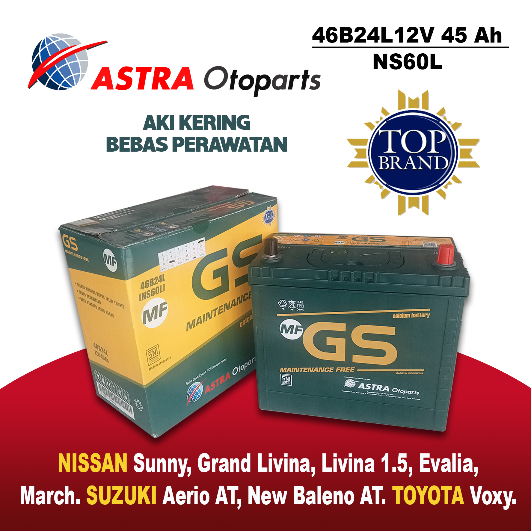 Aki Mobil GS MF NS60L / 46B24L 12 Volt 45 Amper | Astra Otoparts Original Top Brand | Aki Kering ...